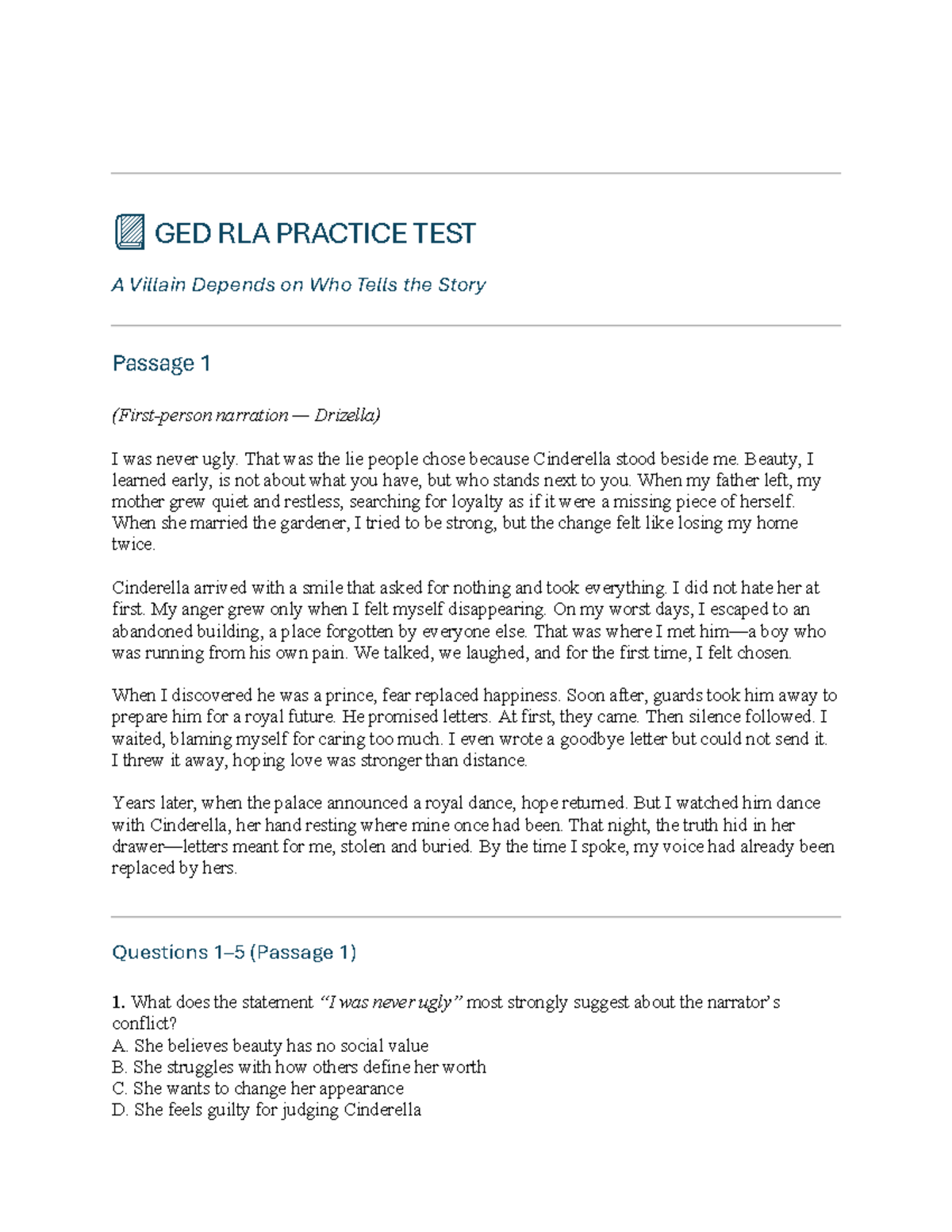 GED RLA Practice Test A: Analyzing the Cinderella Narrative - Studocu