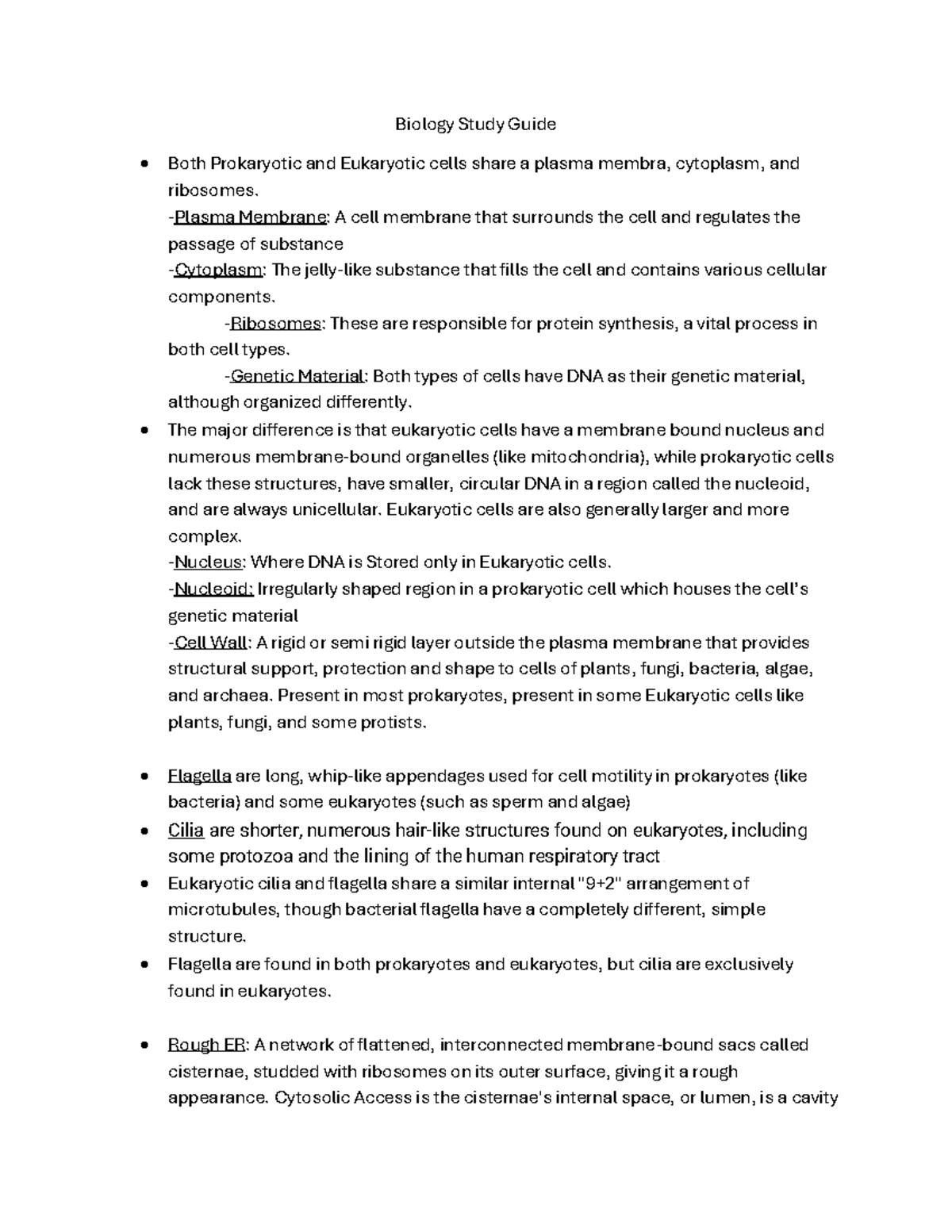 Biology Study Guide: Key Concepts on Cell Structure & Functions - Studocu