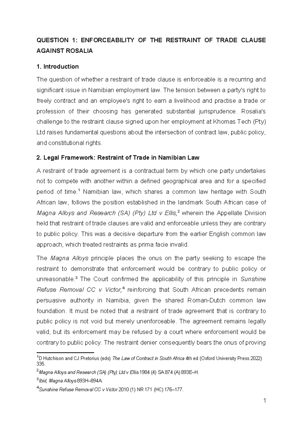 Contract Law Assignment Final: Enforceability of Restraint of Trade ...