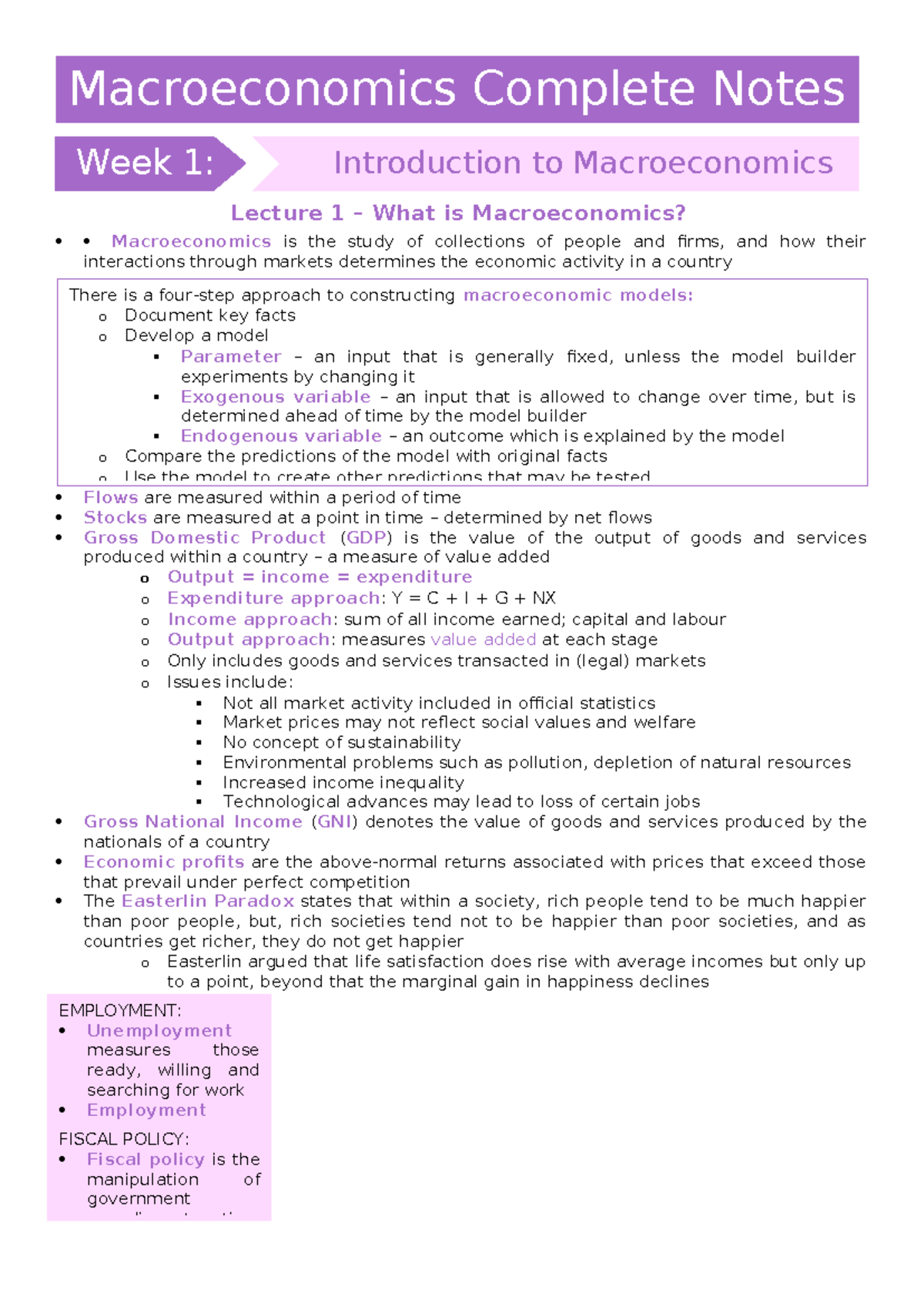 Macroeconomics Complete Notes: Week 1-7 Lecture Summaries and Key ...