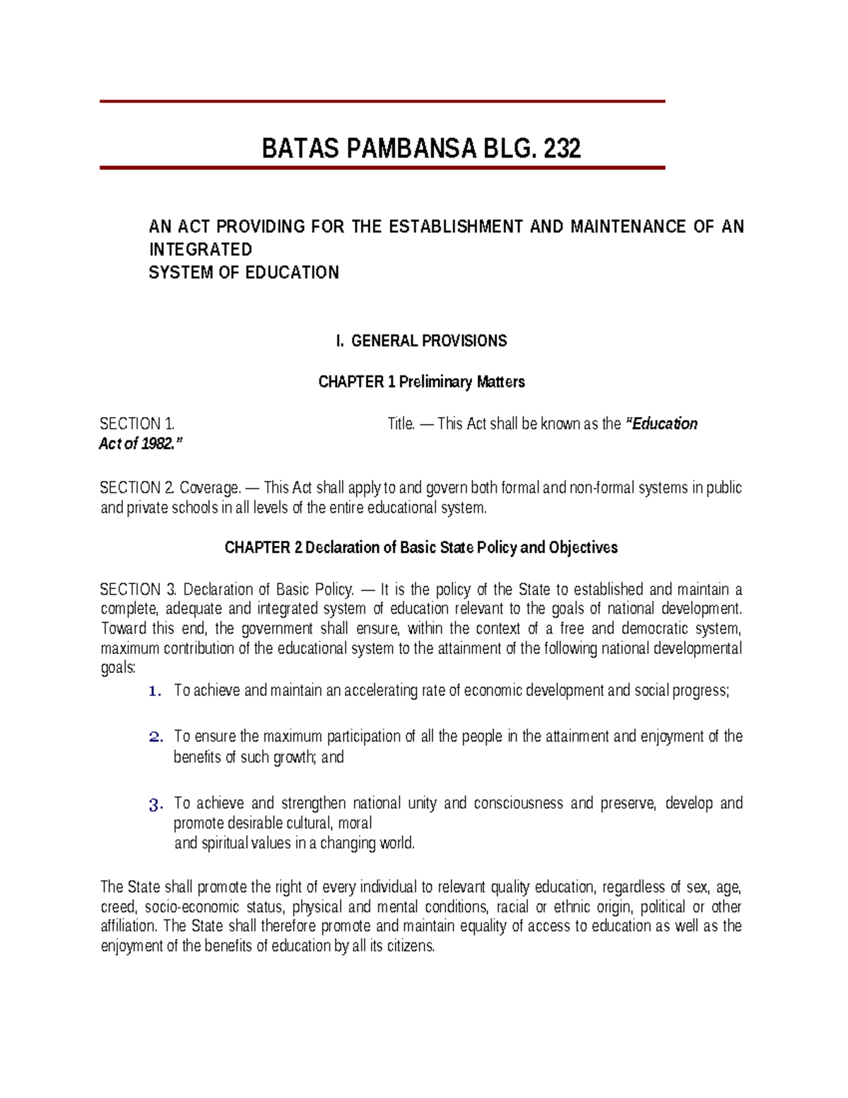 Batas Pambansa BLG 232: Understanding the Education Act of 1982 - Prof Ed 9 - Studocu