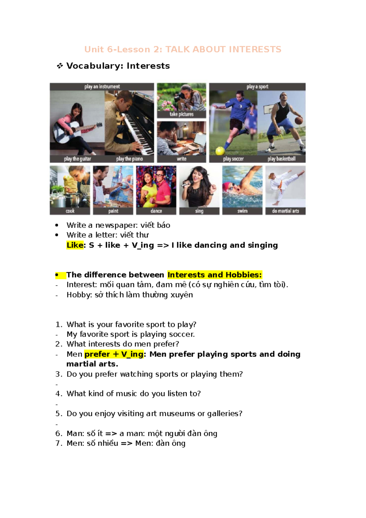 Unit 6-Lesson 2: Discussing Interests and Simple Present Grammar - Studocu