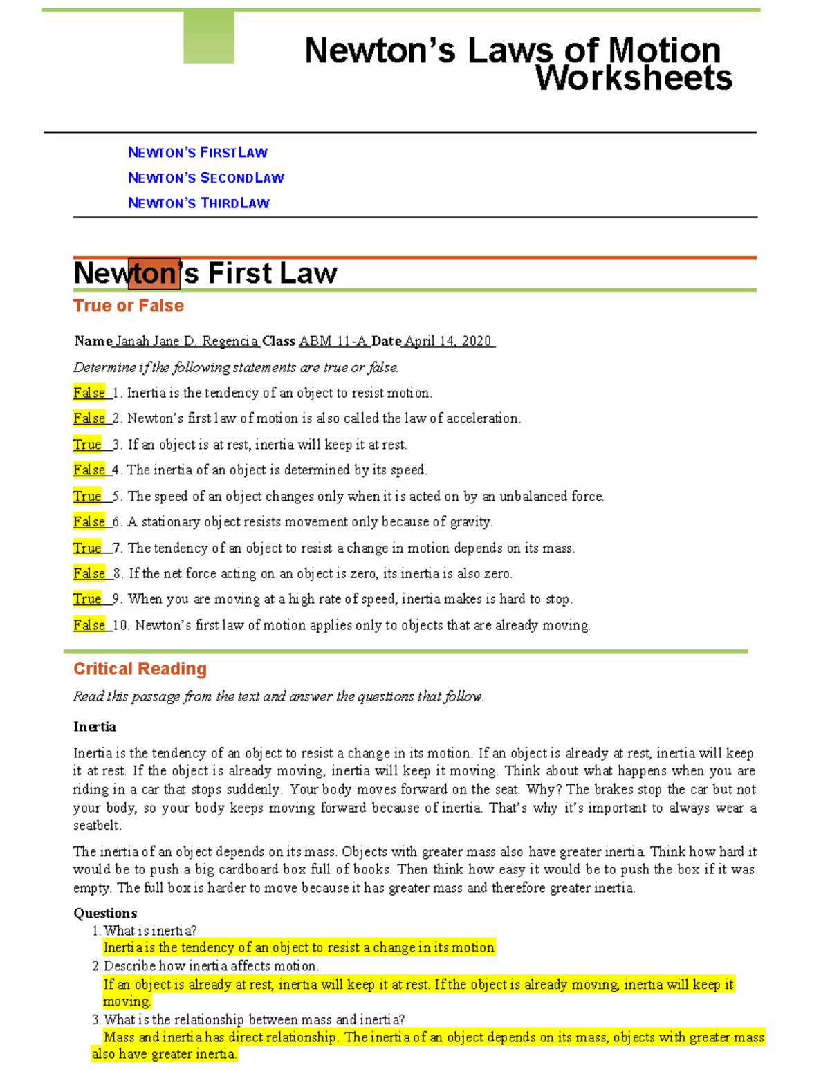 Newtons- Worksheet - Newton’s Laws of Motion Worksheets Newton’s First ...