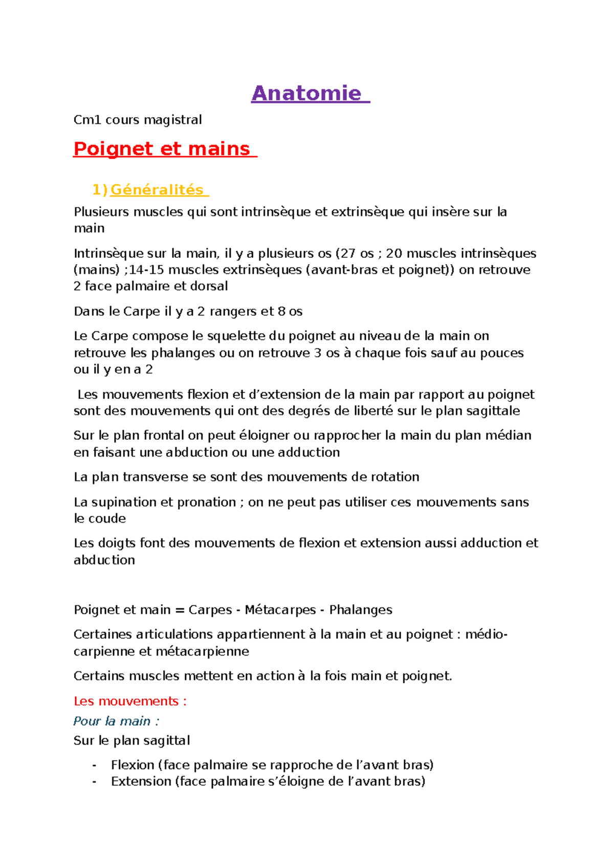 Anatomie Poignet et Main CM1 Cours Magistral - Studocu