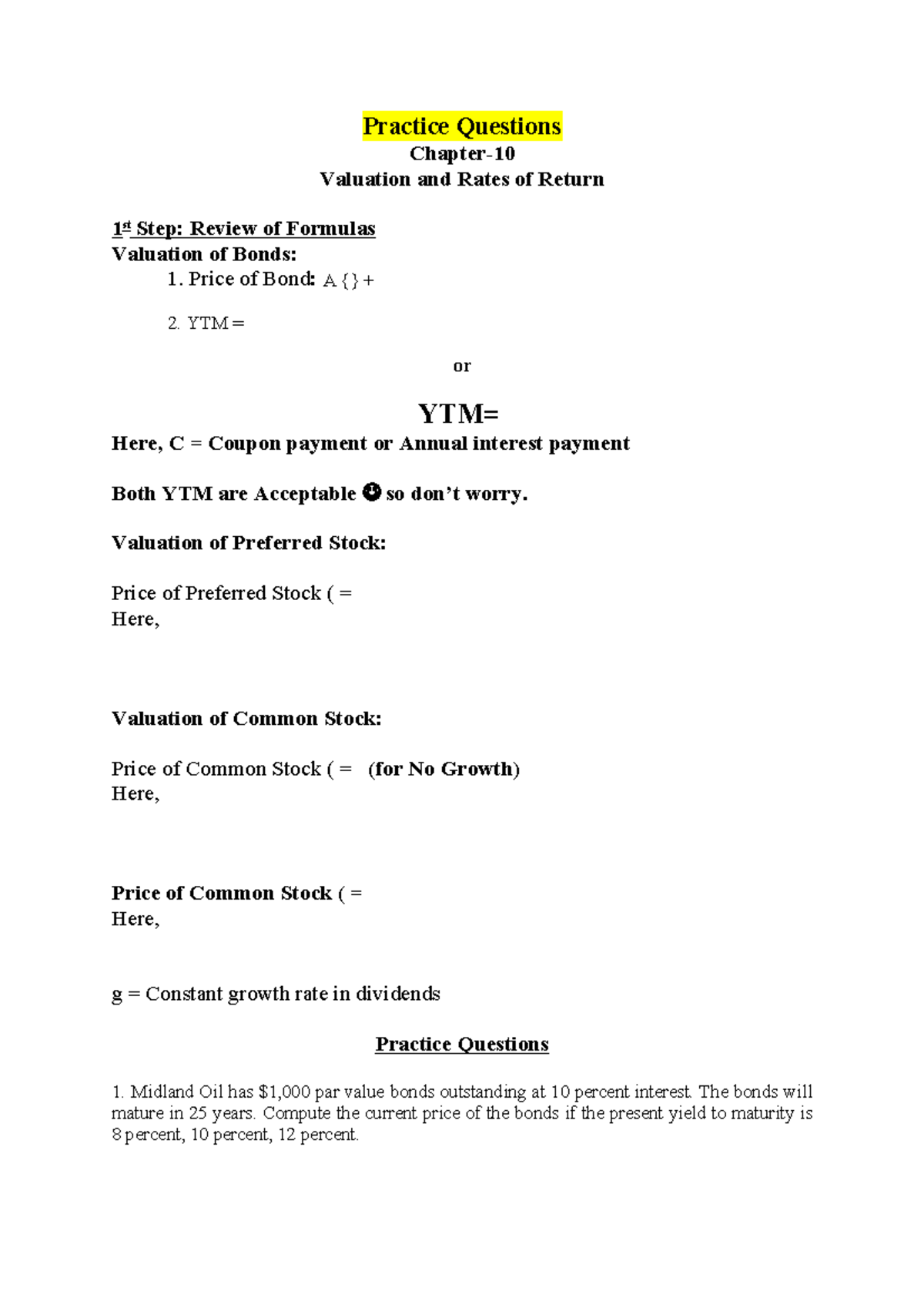 Chapter 10-13 (Practice Problems) on Valuation & Rates of Return - Studocu