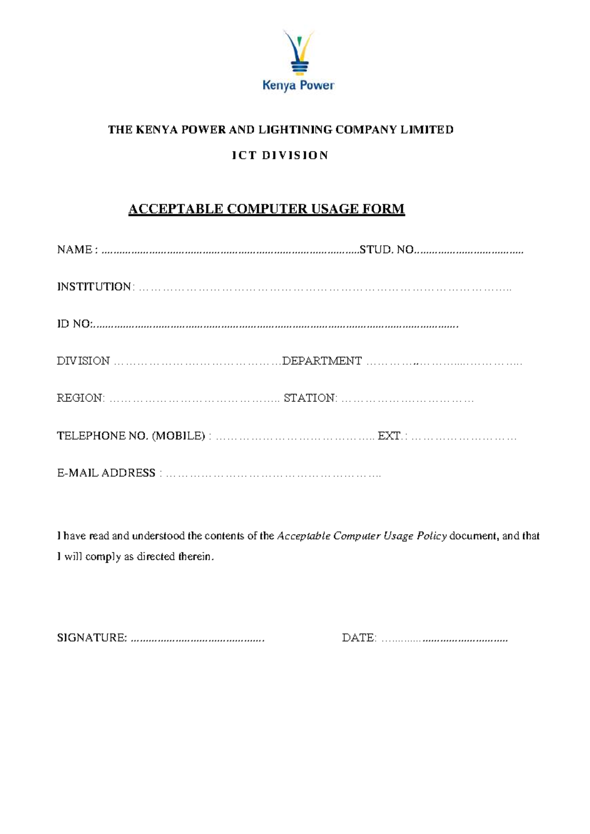 Acceptable Computer Usage FORM Attachees and Interns - THE KENYA POWER ...