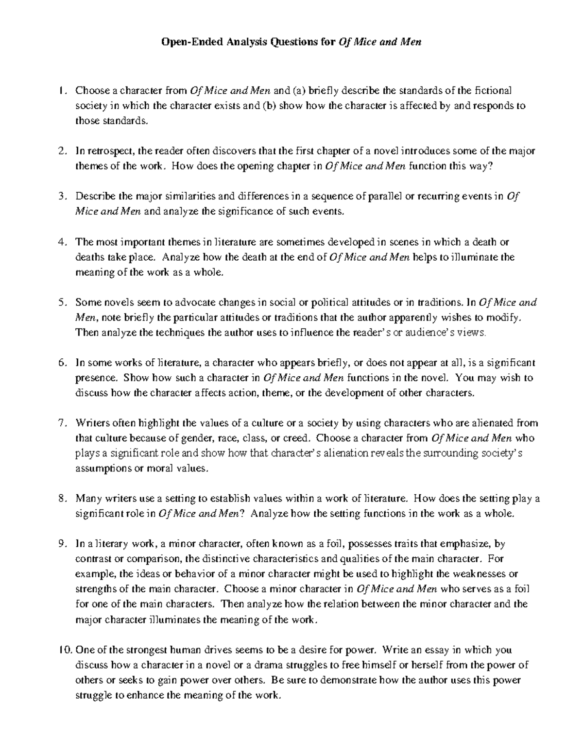 Of Mice and Men Essay Questions Analysis - Studocu