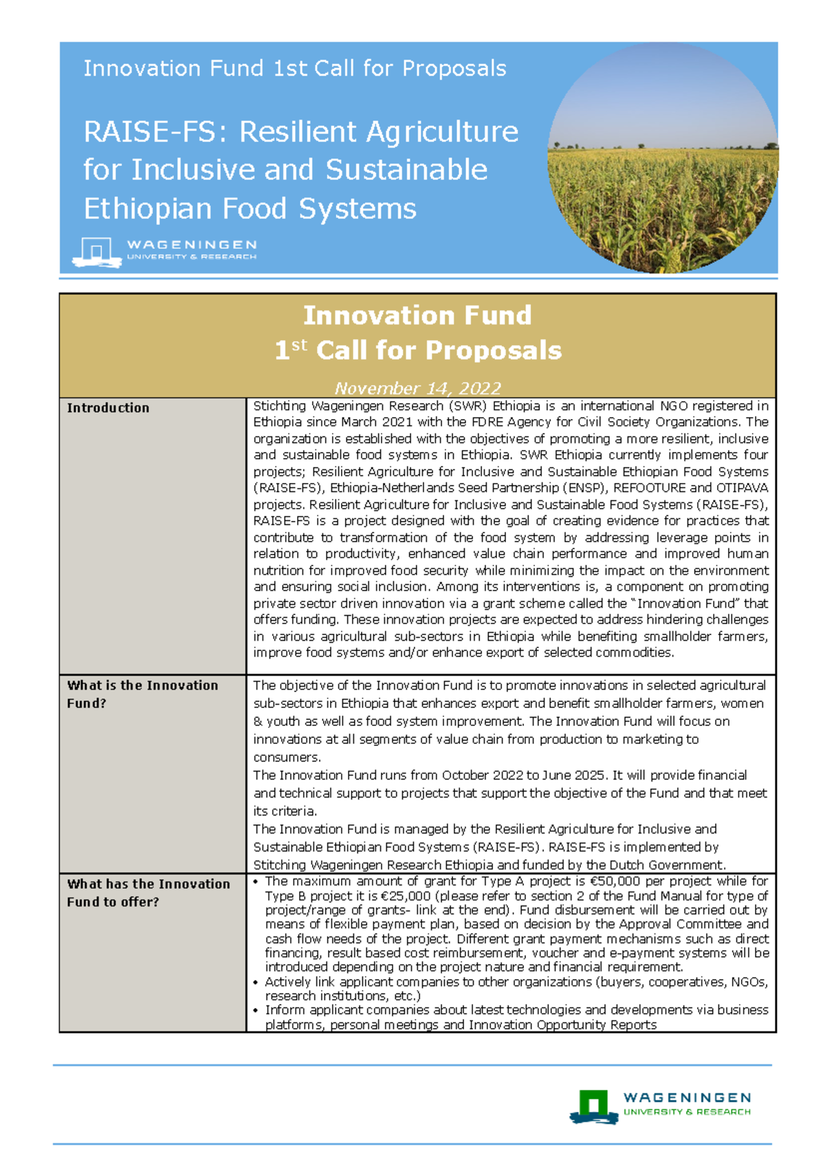 04112022 RAISE-FS Innovation Fund 1st Call for Proposals Overview - Studocu