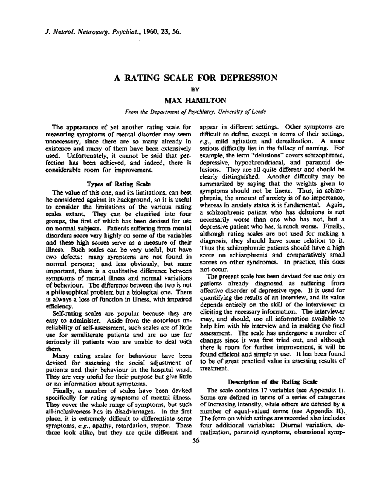 1960. HAMILTON: A Rating Scale for Depression Analysis - Studocu
