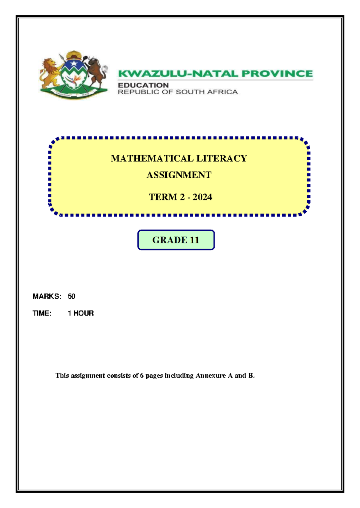 Grade 11 Mathematical Literacy Assignment QP 15 - Term 2 2024 - Studocu