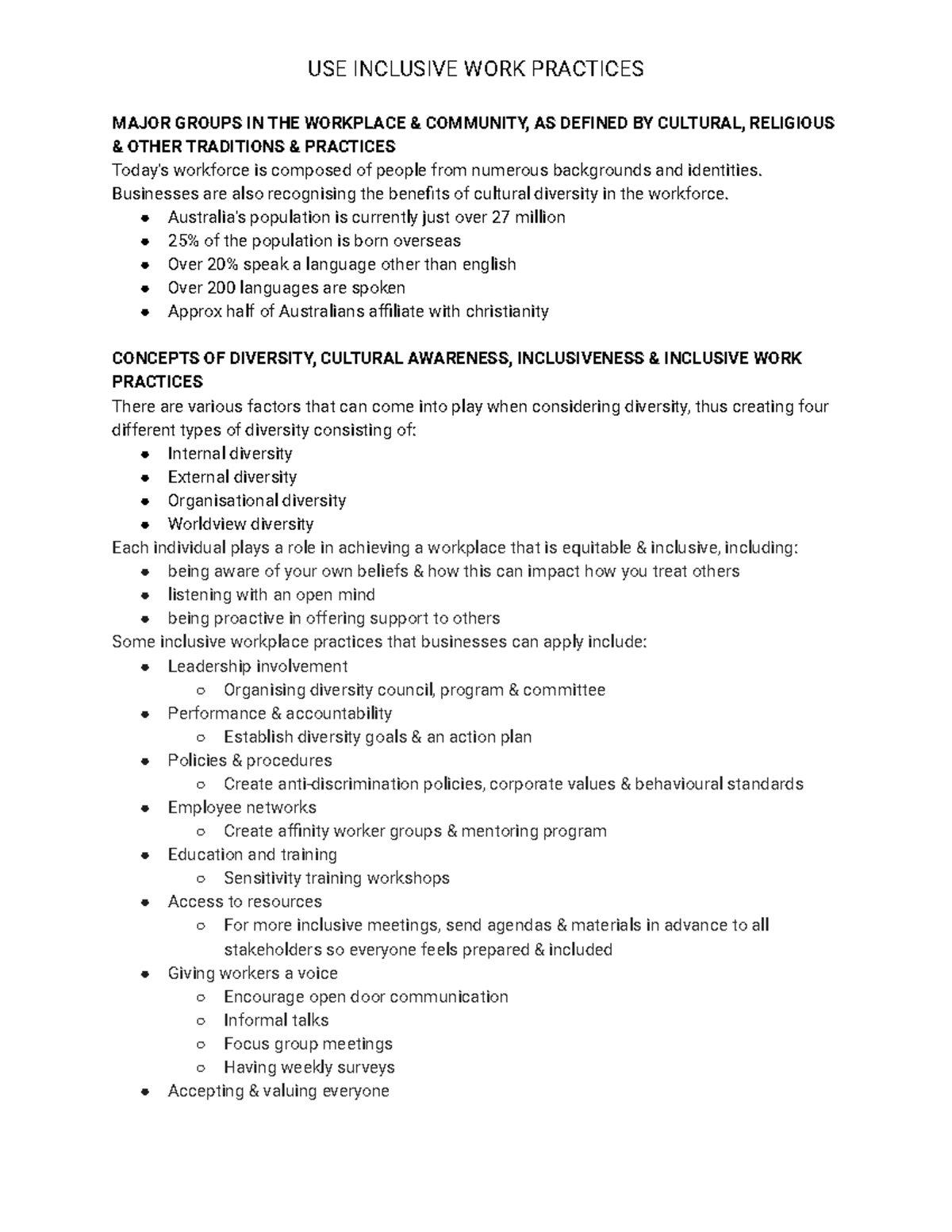Use inclusive work practices - complete notes - Business Services HSC ...