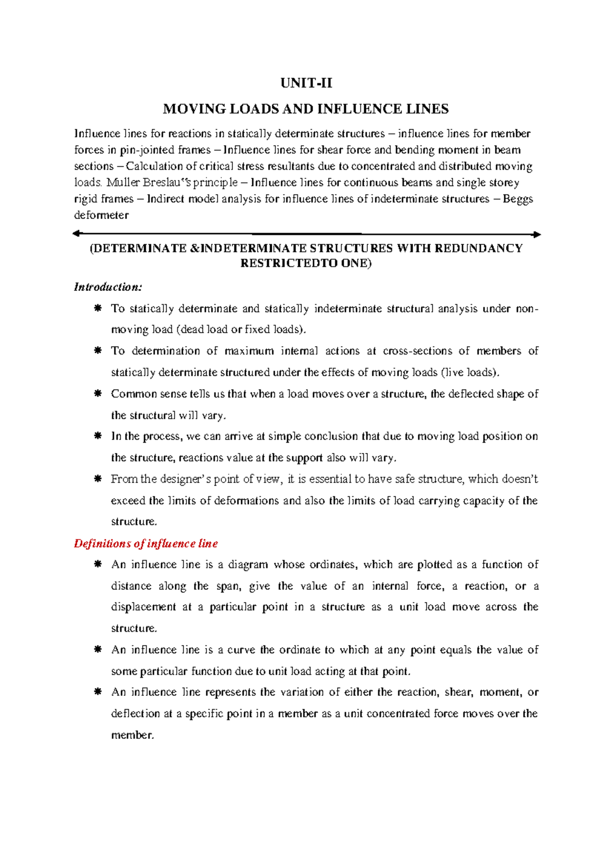 Unit 04 ILD - Lecture Notes on Moving Loads & Influence Lines - Studocu