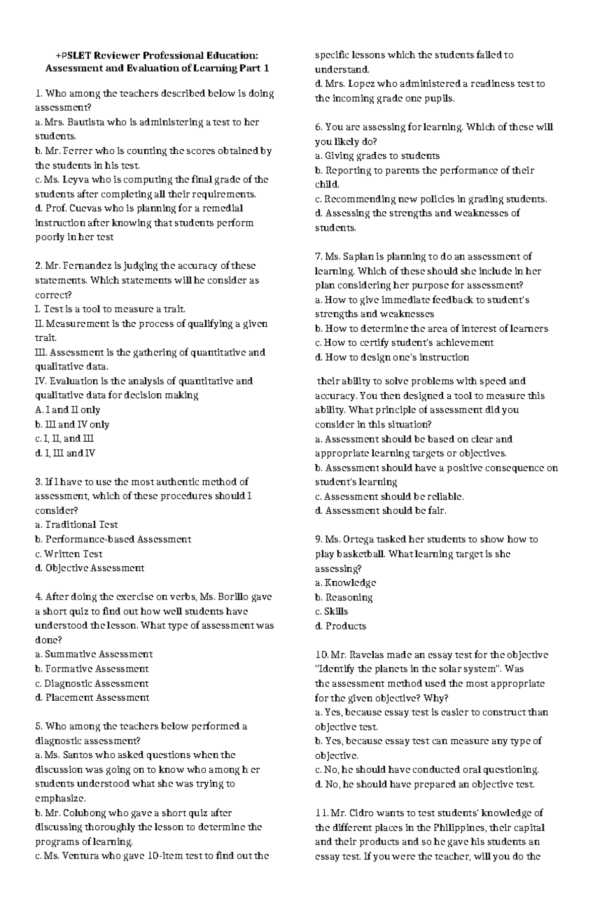 PSLET Reviewer: Assessment and Evaluation of Learning Part 1 - Studocu