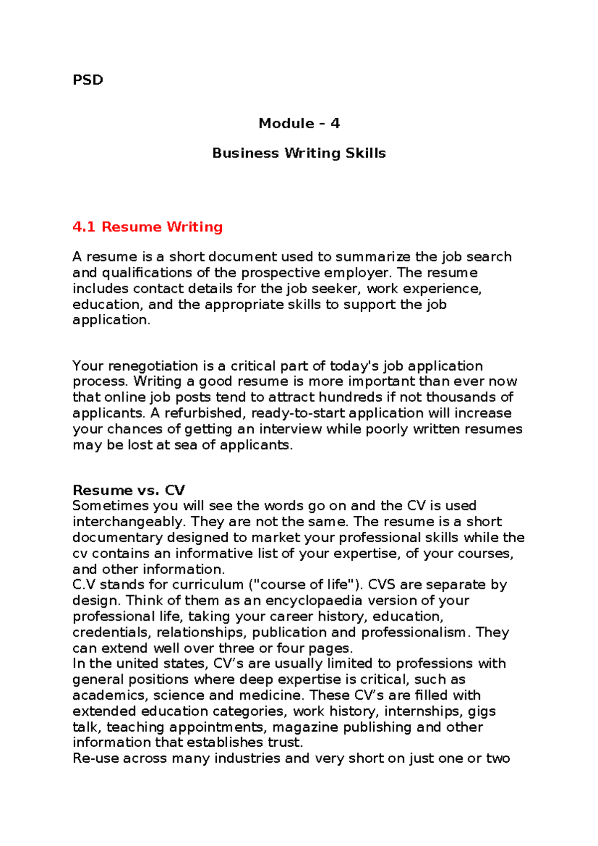 PSD 4 - Business writing skills, Resume Writing. Interview Skills ...