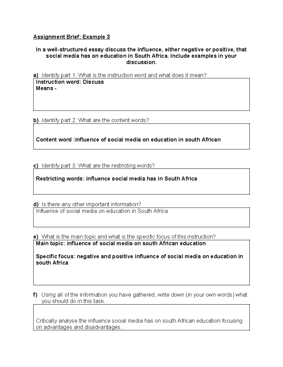 Unit 1 Assignment - Question Analysis Template 2021683772 - Assignment Brief: Example 3 In a ...