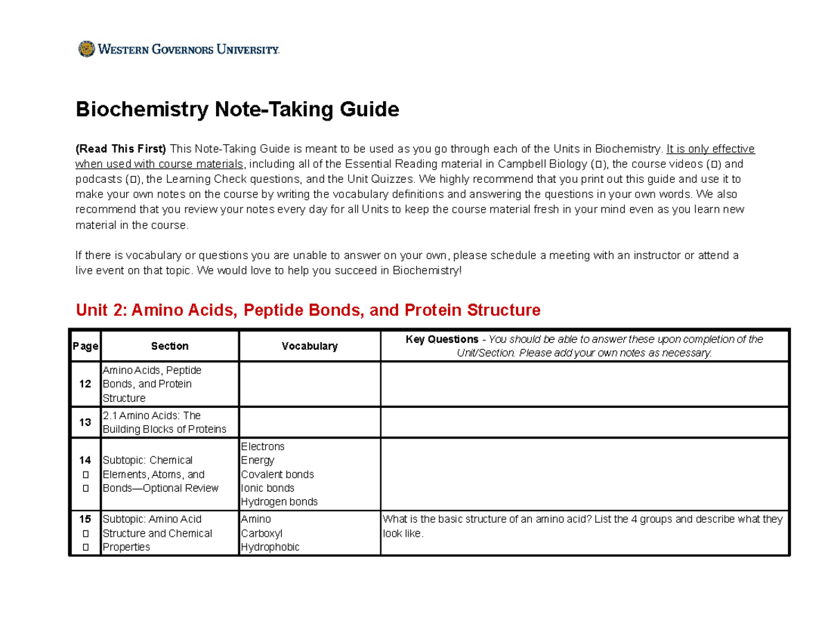 Biochemistry (BIOC 101) Note-Taking Guide for Key Units - Studocu
