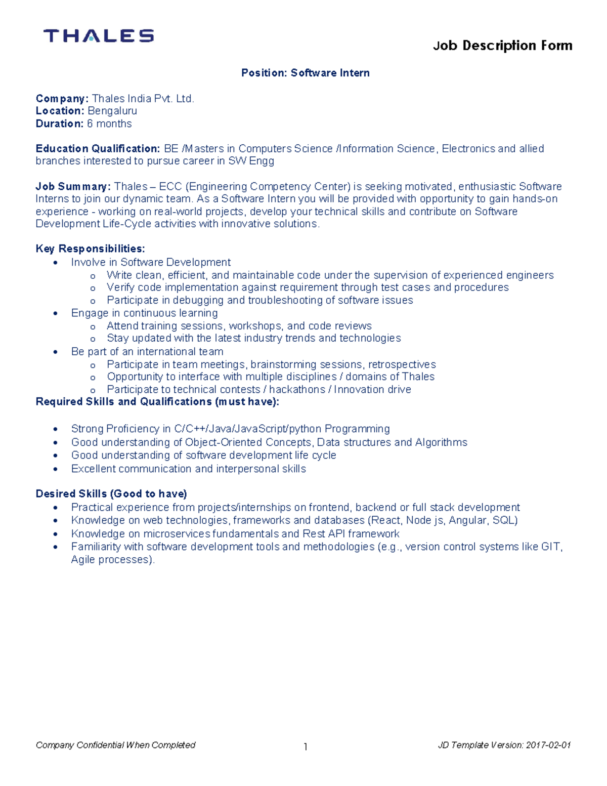 Thales India Software Intern Job Description - 6 Month Internship - Studocu