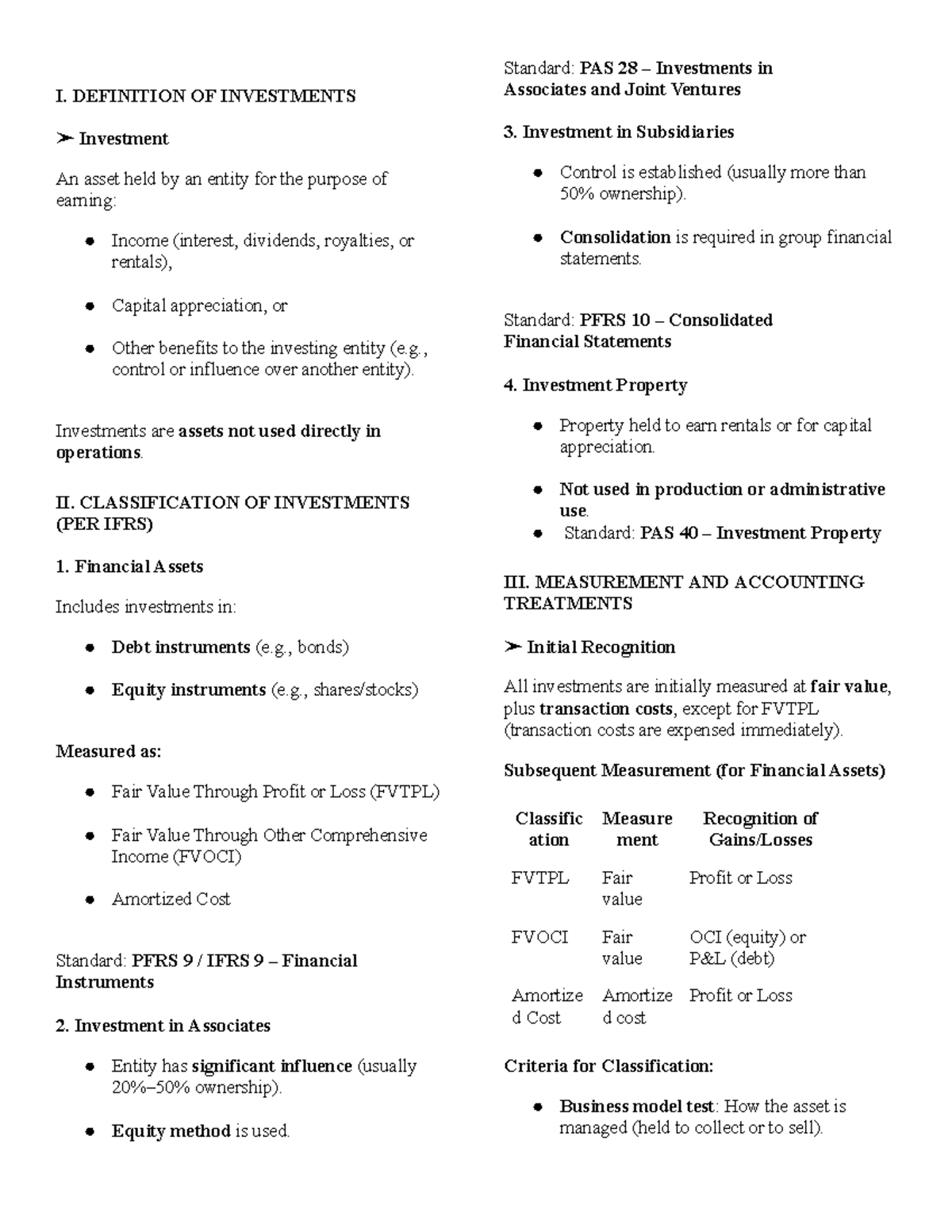 Investment Classification and Measurement: PAS 28, PFRS 9, PAS 40 - Studocu