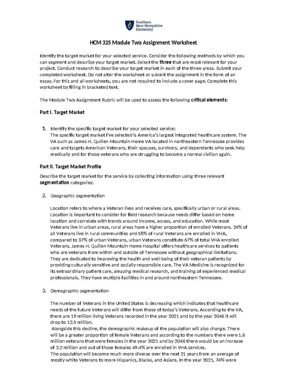 HCM 325 Module Two Target Market Assignment Worksheet - Studocu