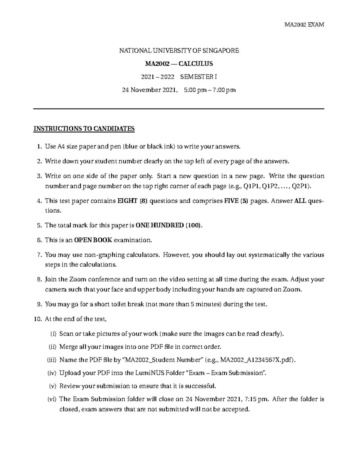 2122SEM1-MA2002 - exam paper - MA2002 EXAM NATIONAL UNIVERSITY OF SINGAPORE MA2002 — CALCULUS ...