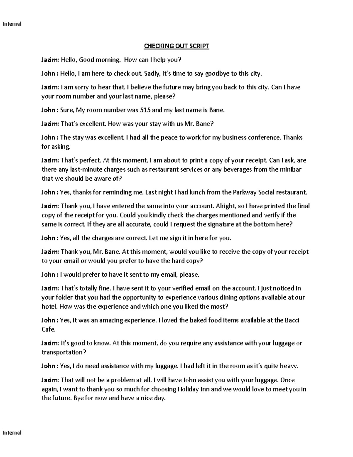 Check in and check out Procedure Script - CHECK – IN SCRIPT Hotel: Good ...