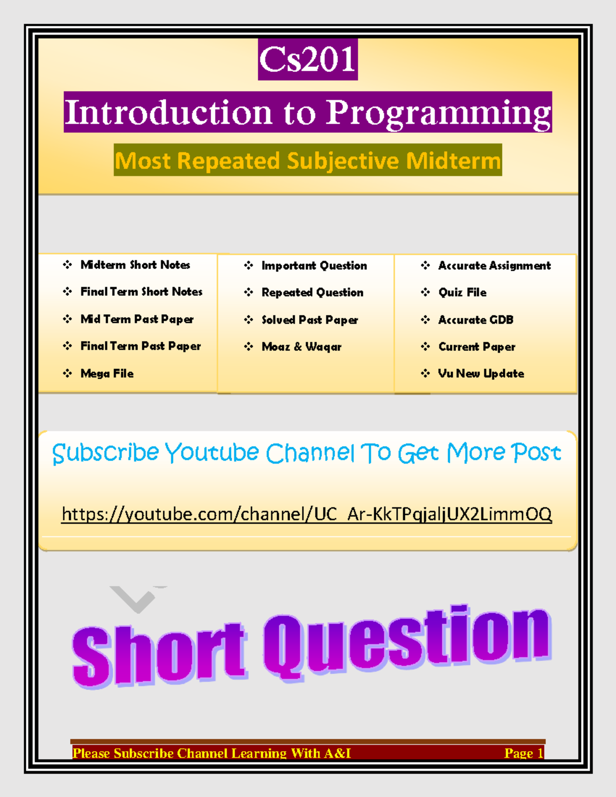 Cs201-midterm-subject - Cs Introduction to Programming Most Repeated Subjective Midterm Midterm ...
