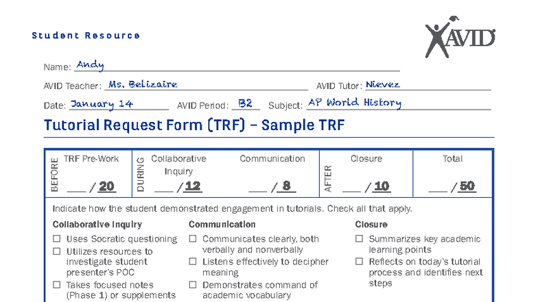 Andy's TRF - AVID Tutorial Request Form Analysis - Studocu