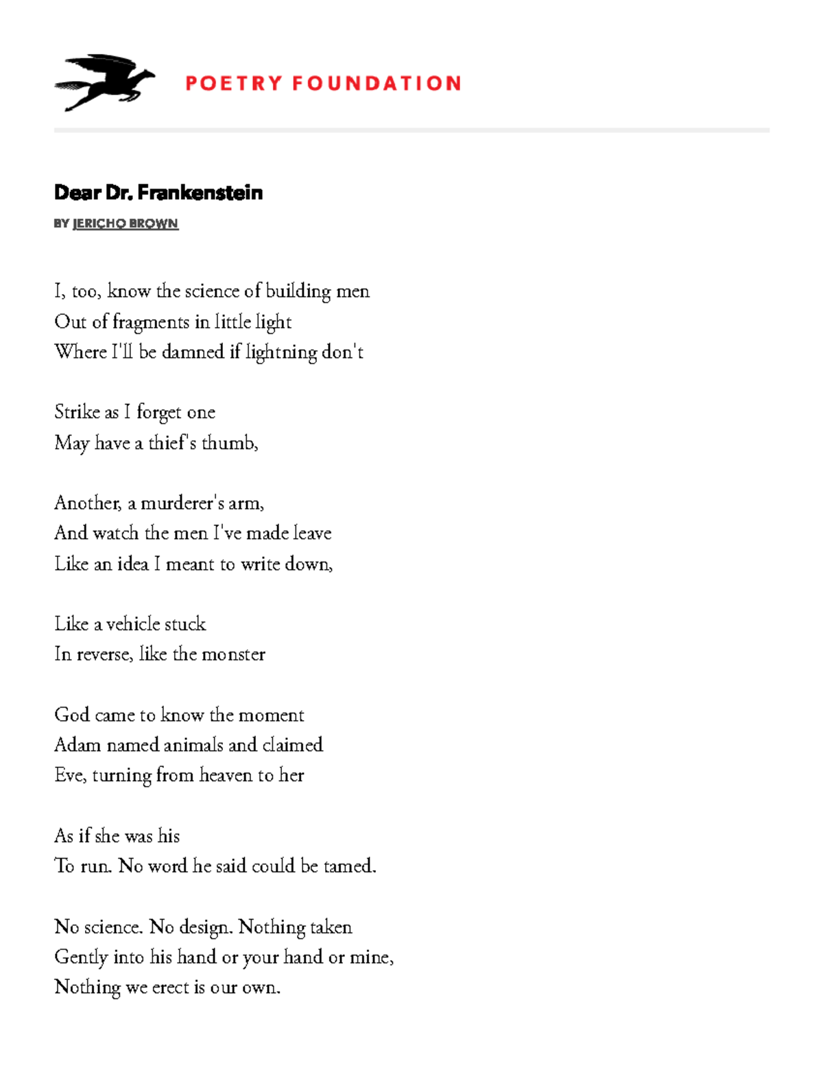 Poetry Analysis: "Dear Dr. Frankenstein" by Jericho Brown - Studocu