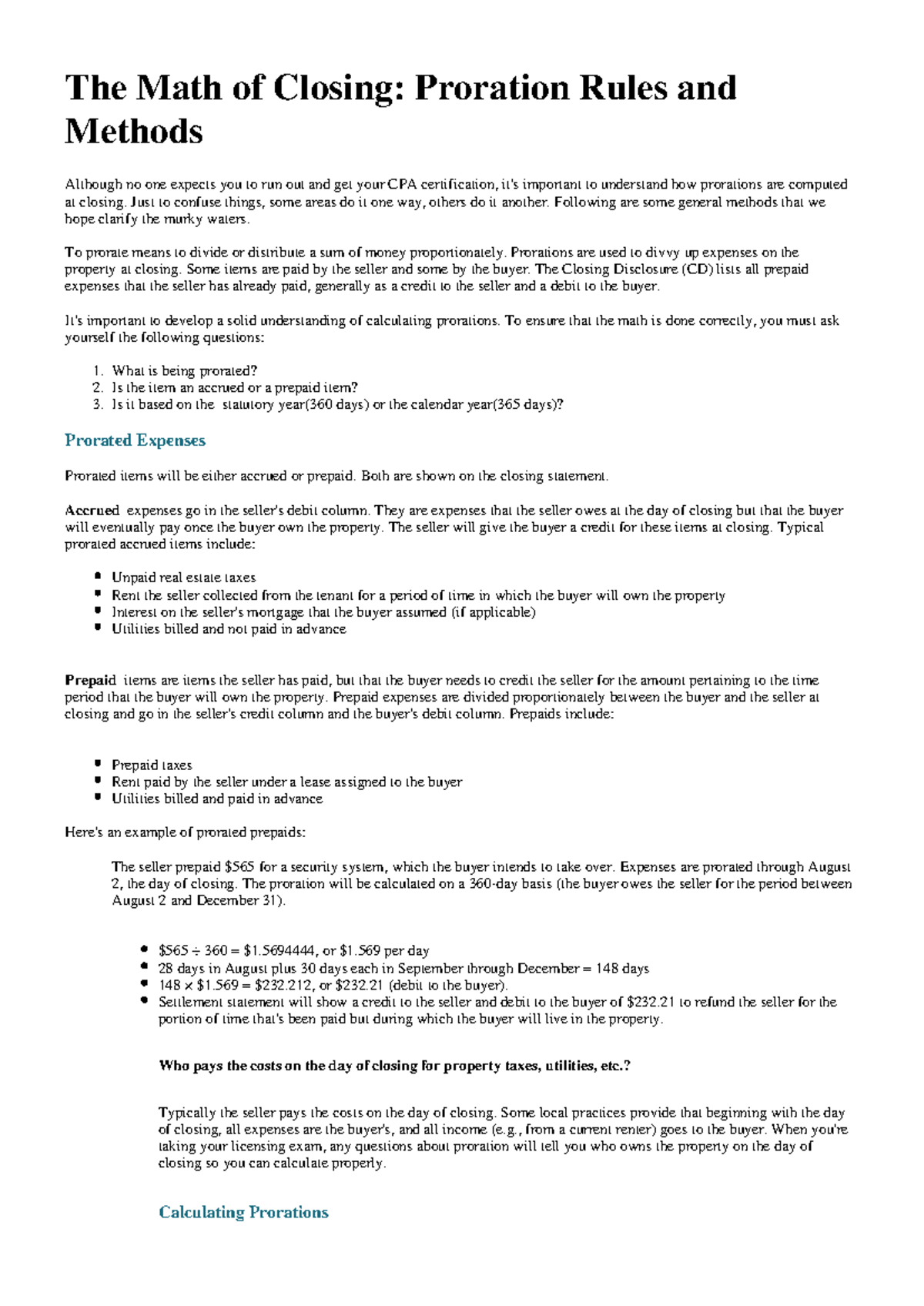 The Math of Closing Proration Rules and Methods - 1. 2. 3. The Math of ...