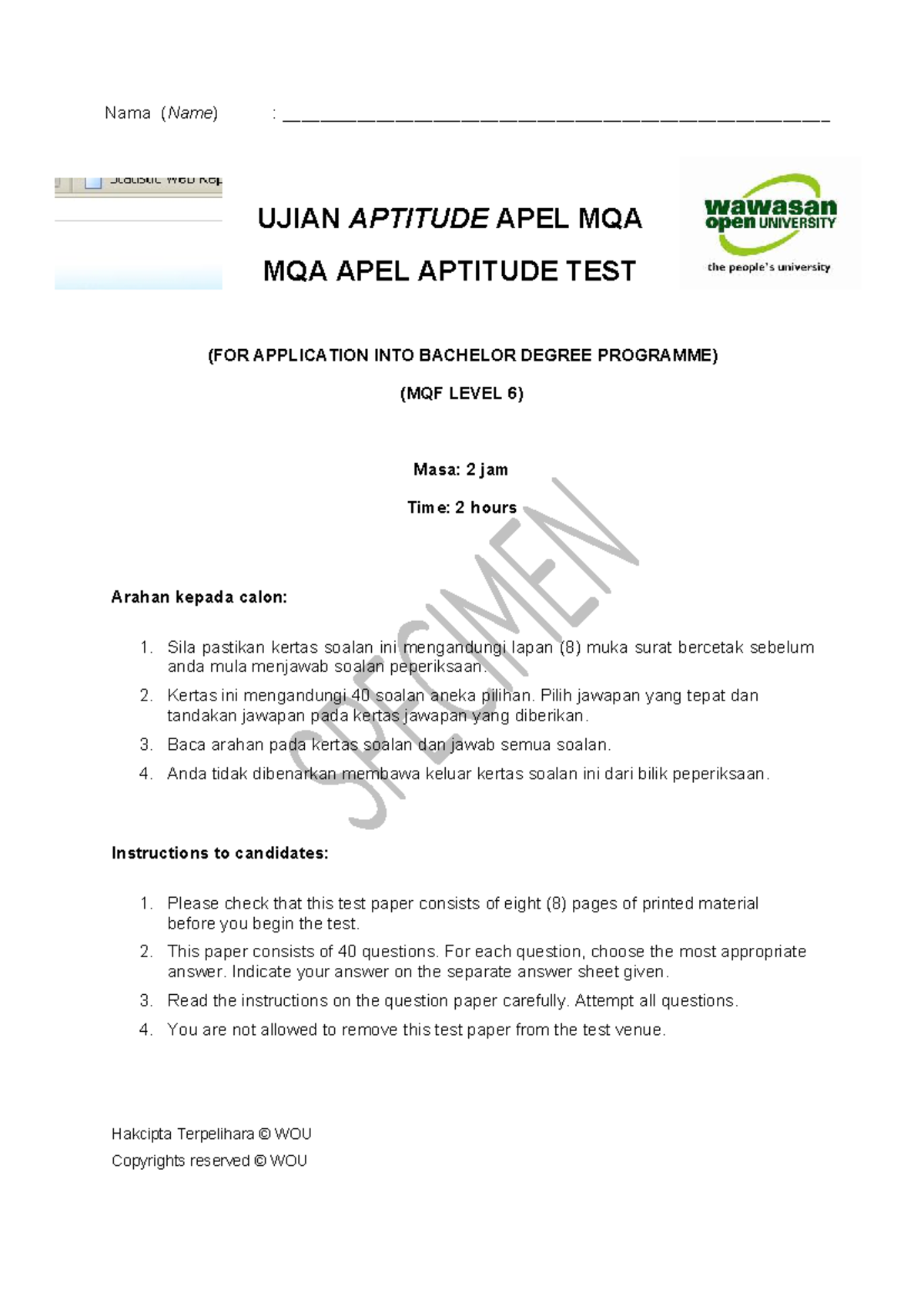 UJIAN APTITUDE APEL MQA: Specimen Questions for Bachelor Degree - Studocu