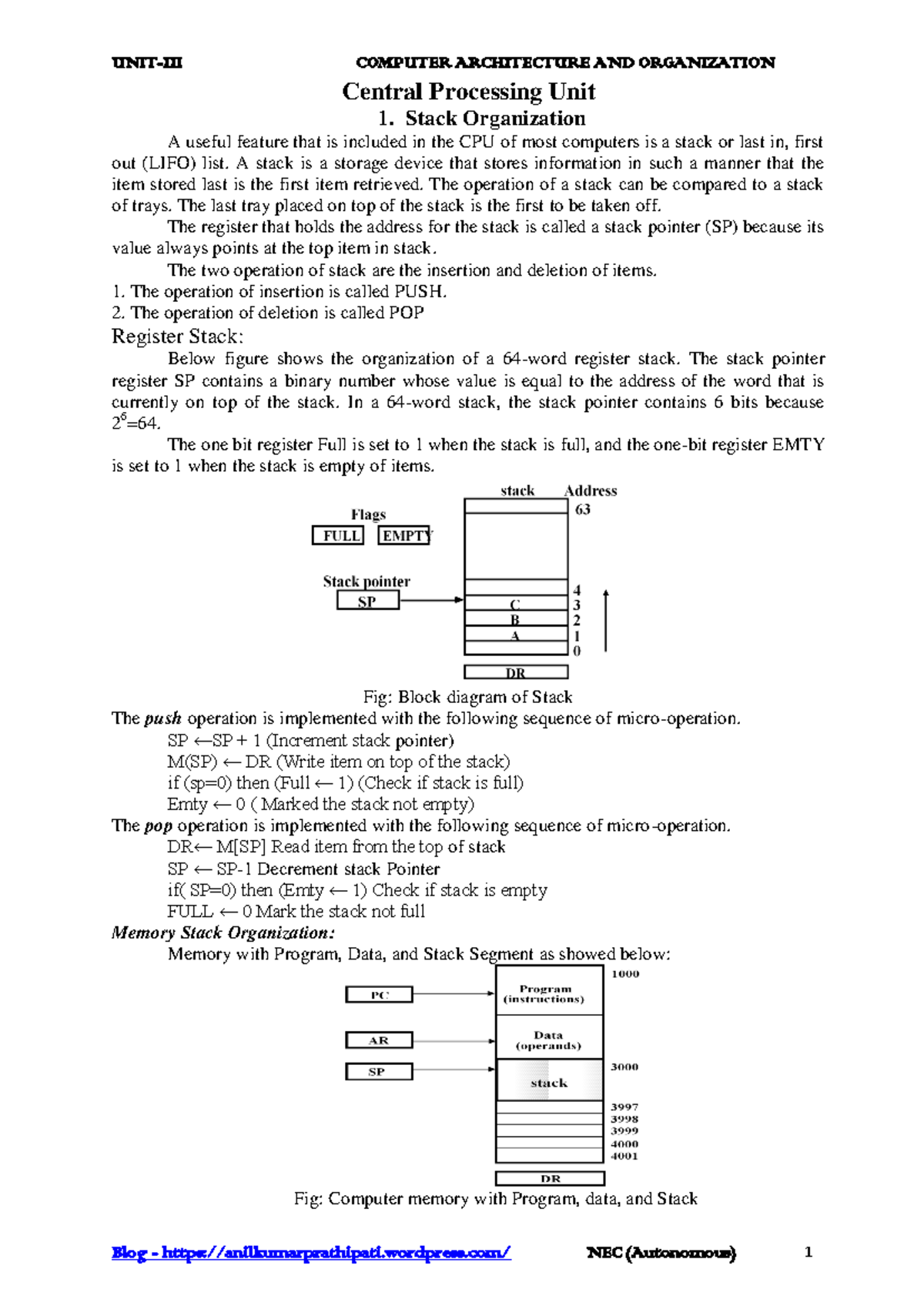 COA UNIT-3 Notes: Stack Organization and Instruction Formats - Studocu