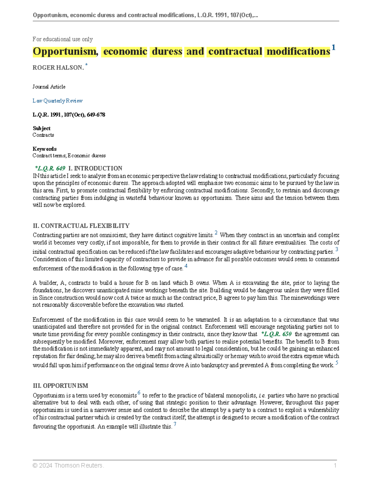 Opportunism, Economic Duress & Contractual Modifications: An Analysis ...