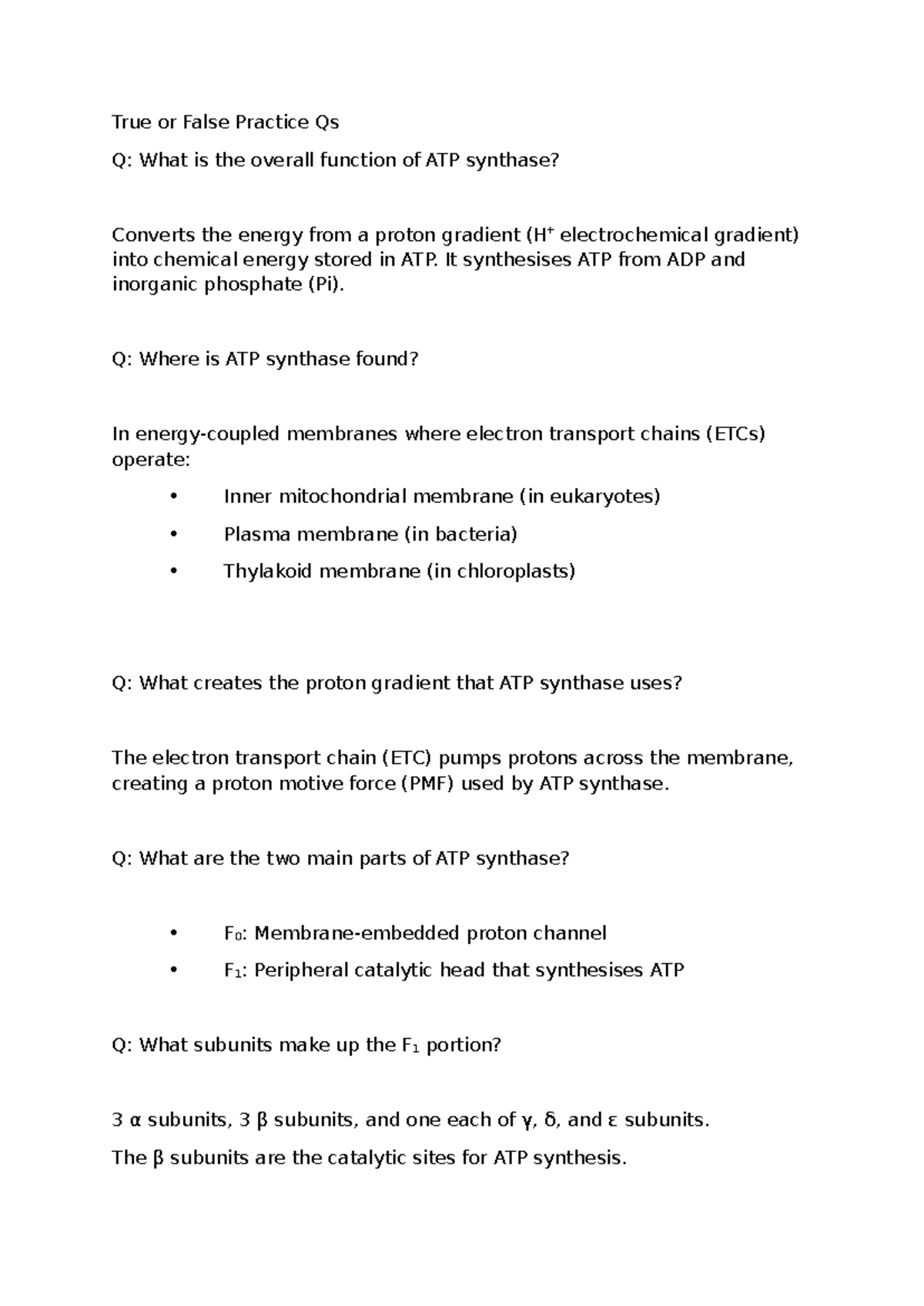 ATP Synthase: True or False Practice Questions - Studocu