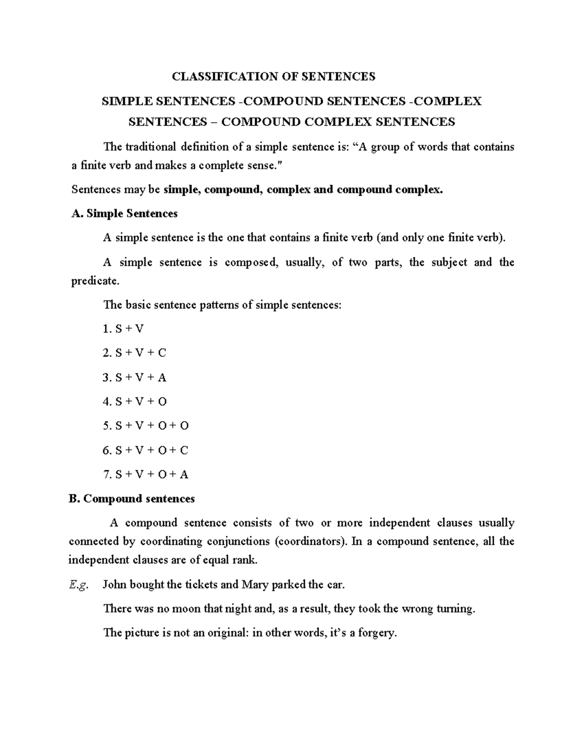 CLASSIFICATION OF SENTENCES: SIMPLE, COMPOUND, COMPLEX - READING 6 ...