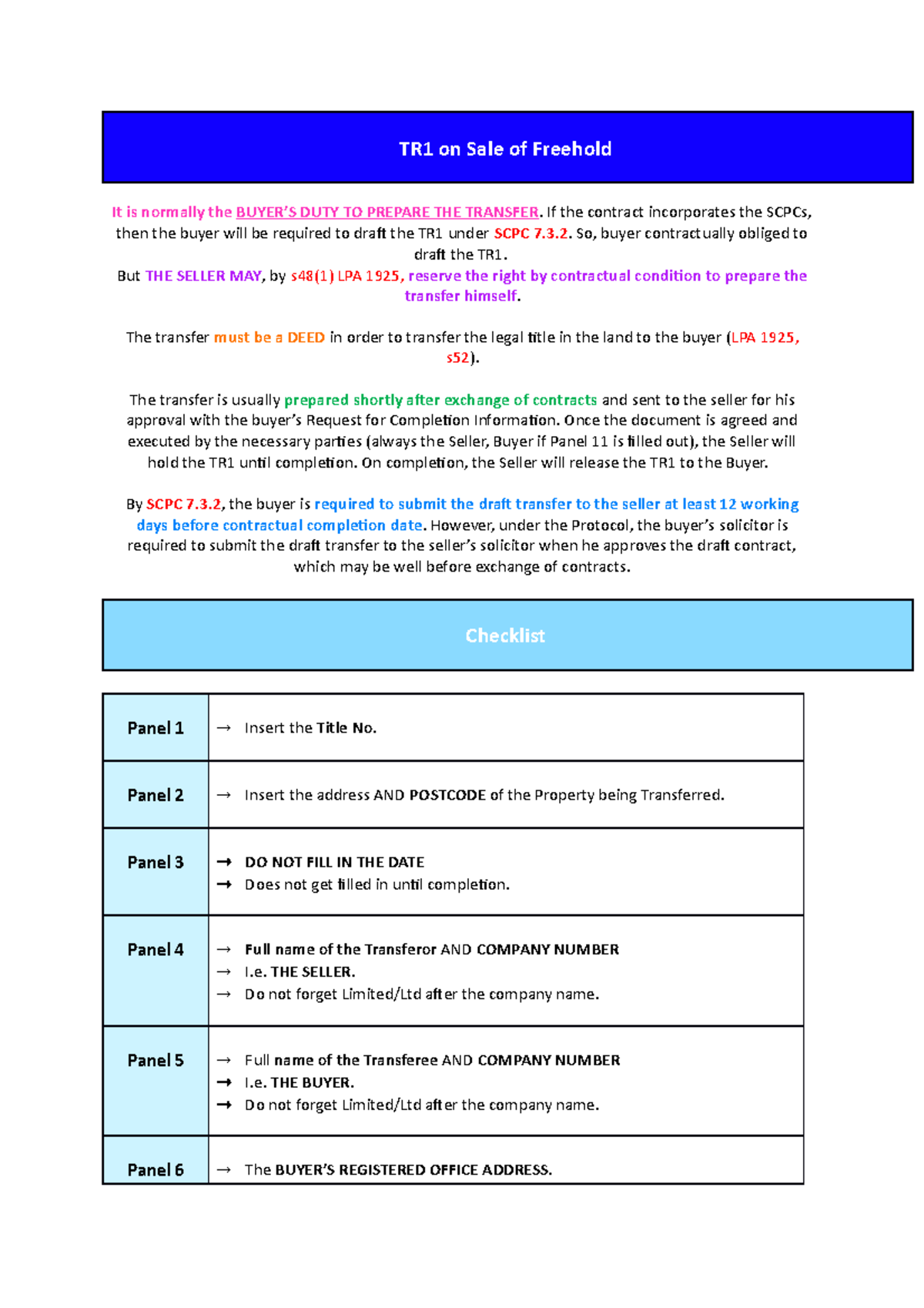 W8:W9 - Completion Process of TR1 Transfer Deed - Studocu
