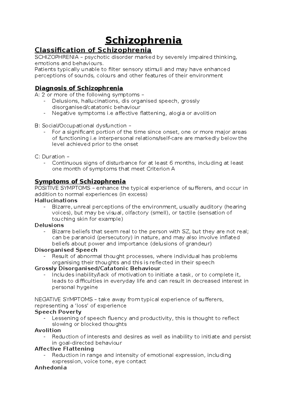 Schizophrenia Overview: Key Diagnostic and Treatment Insights - Studocu