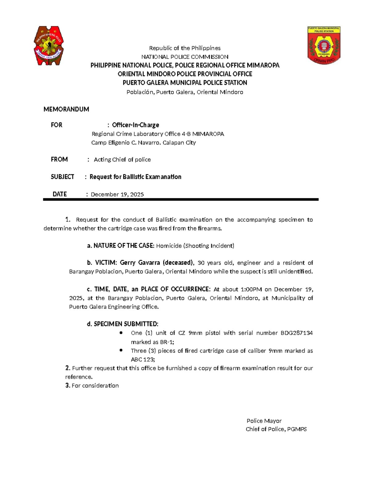 Request for Ballistic Examination - Homicide Case (Dec 19, 2025) - Studocu