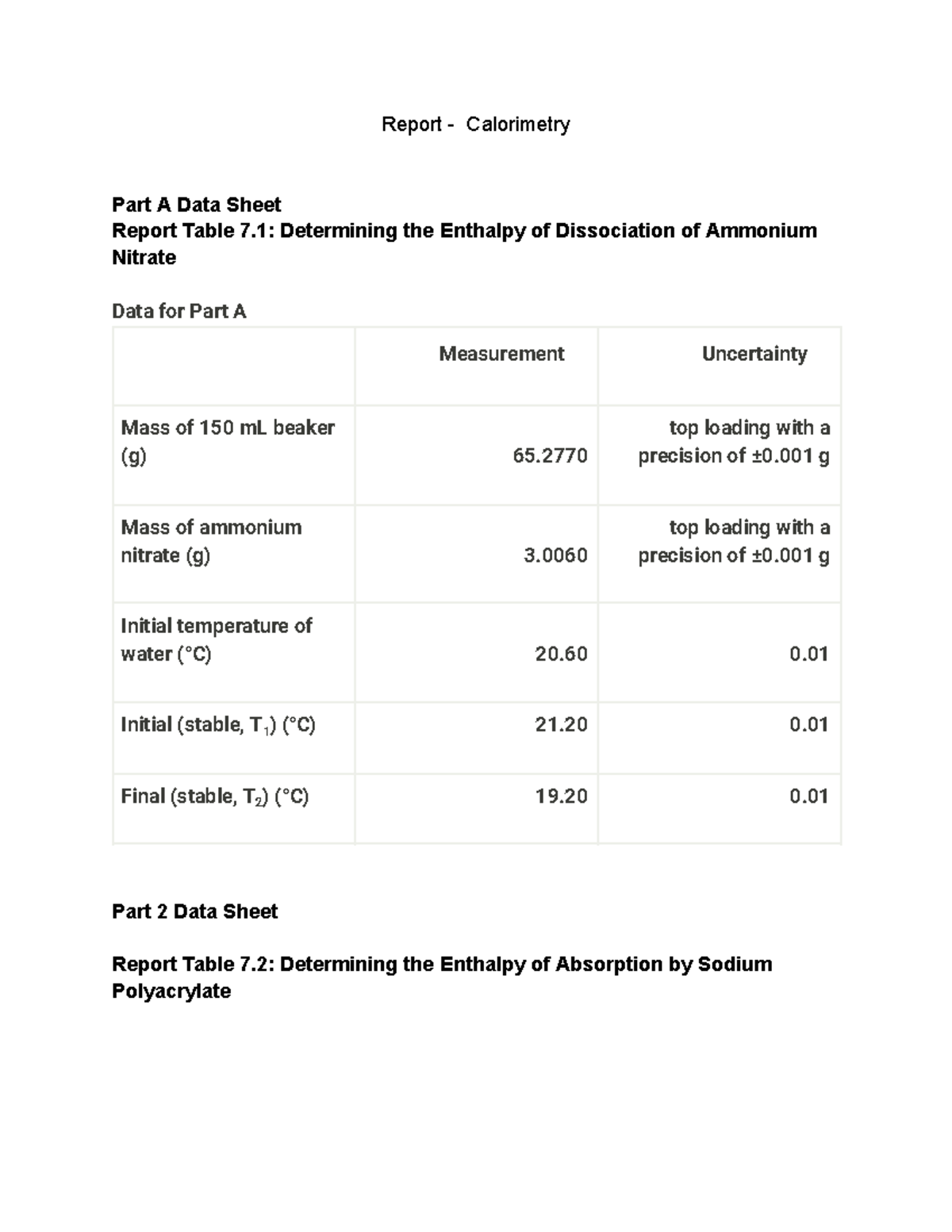 Calorimetry Lab Report - Report - Calorimetry Part A Data Sheet Report ...