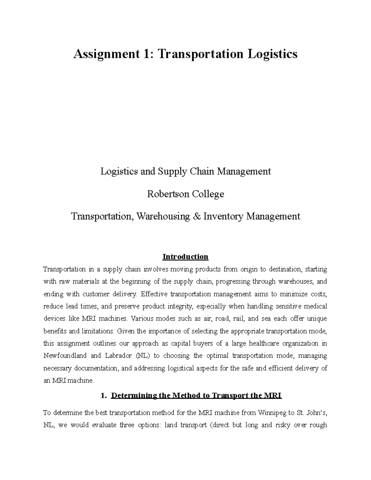 Assignment 1: Transportation Logistics in Supply Chain Management - Studocu