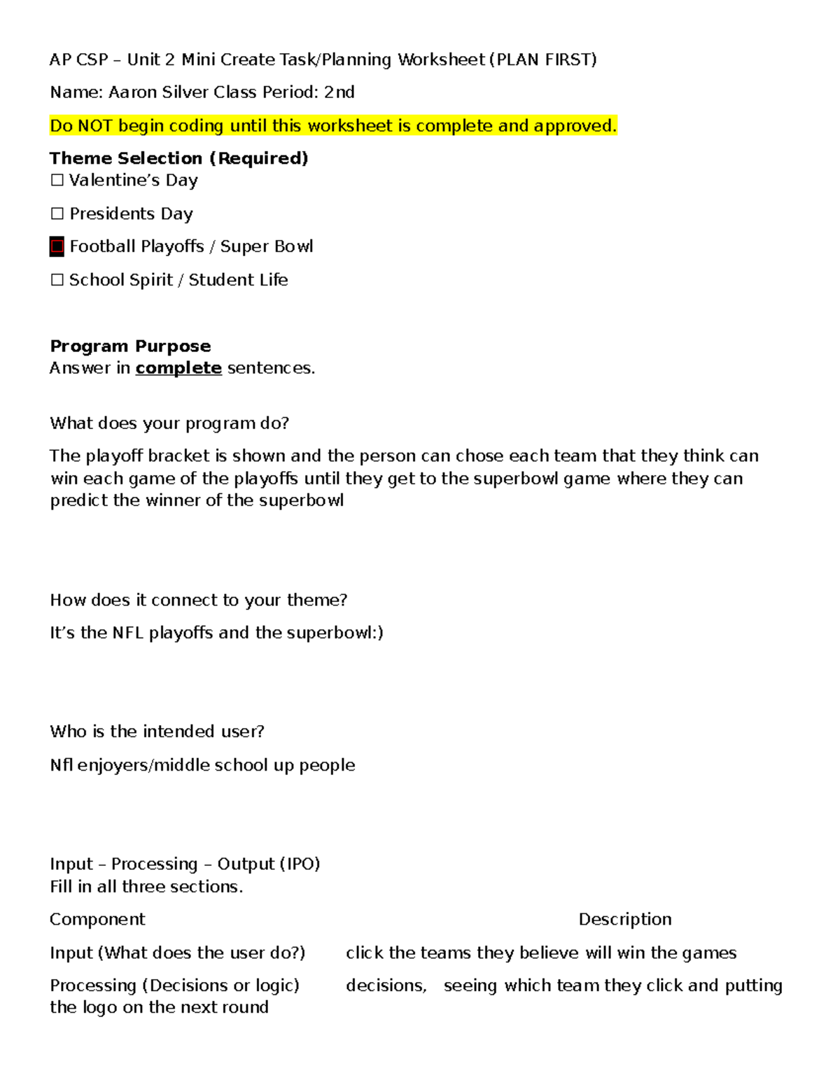 AP CSP Unit 2 Mini Create Task Planning Sheet - Studocu