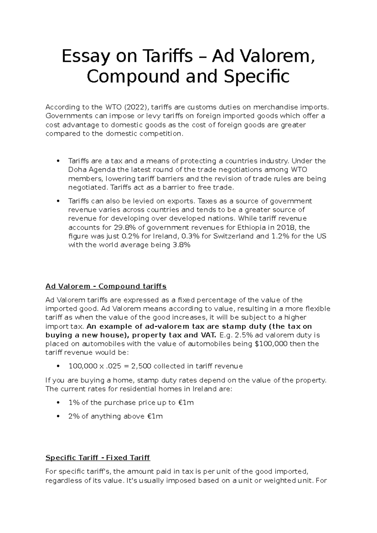 Essay on Tariffs - Compound, Specific and Ad Valorem - Essay on Tariffs ...