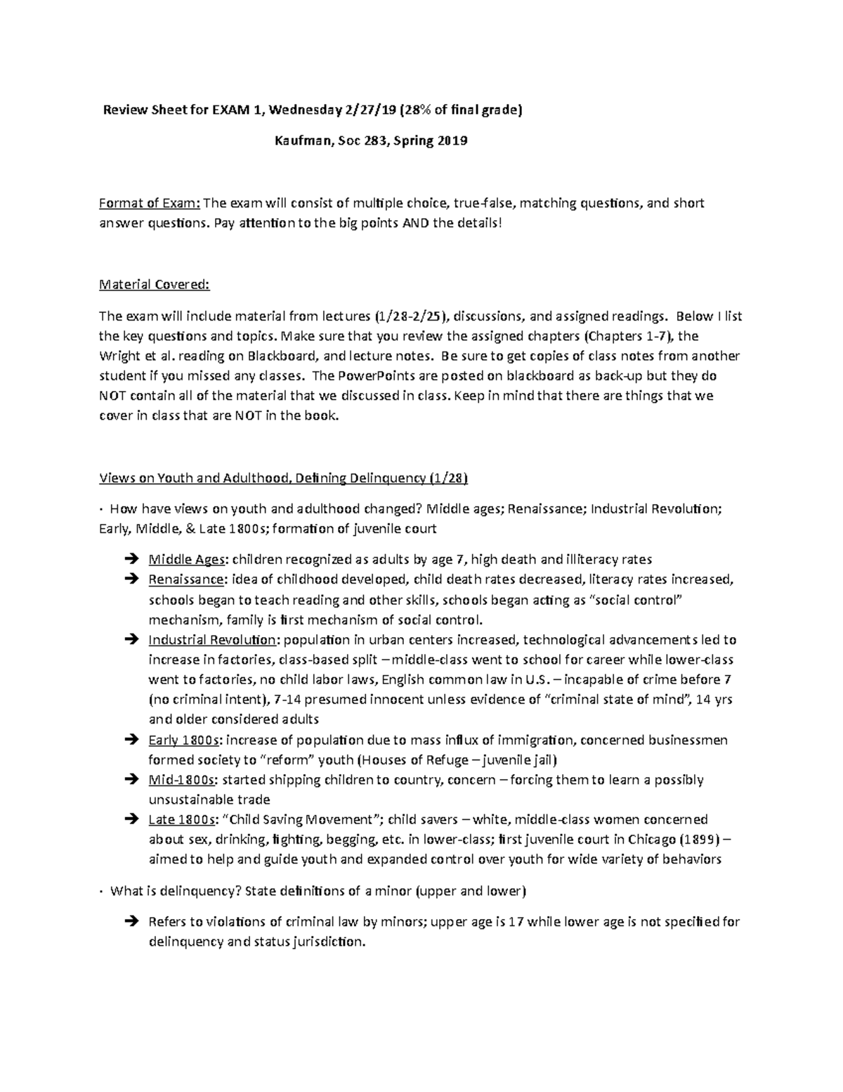 Study Review Sheet for Soc 283 EXAM 1 - Spring 2019 - Studocu