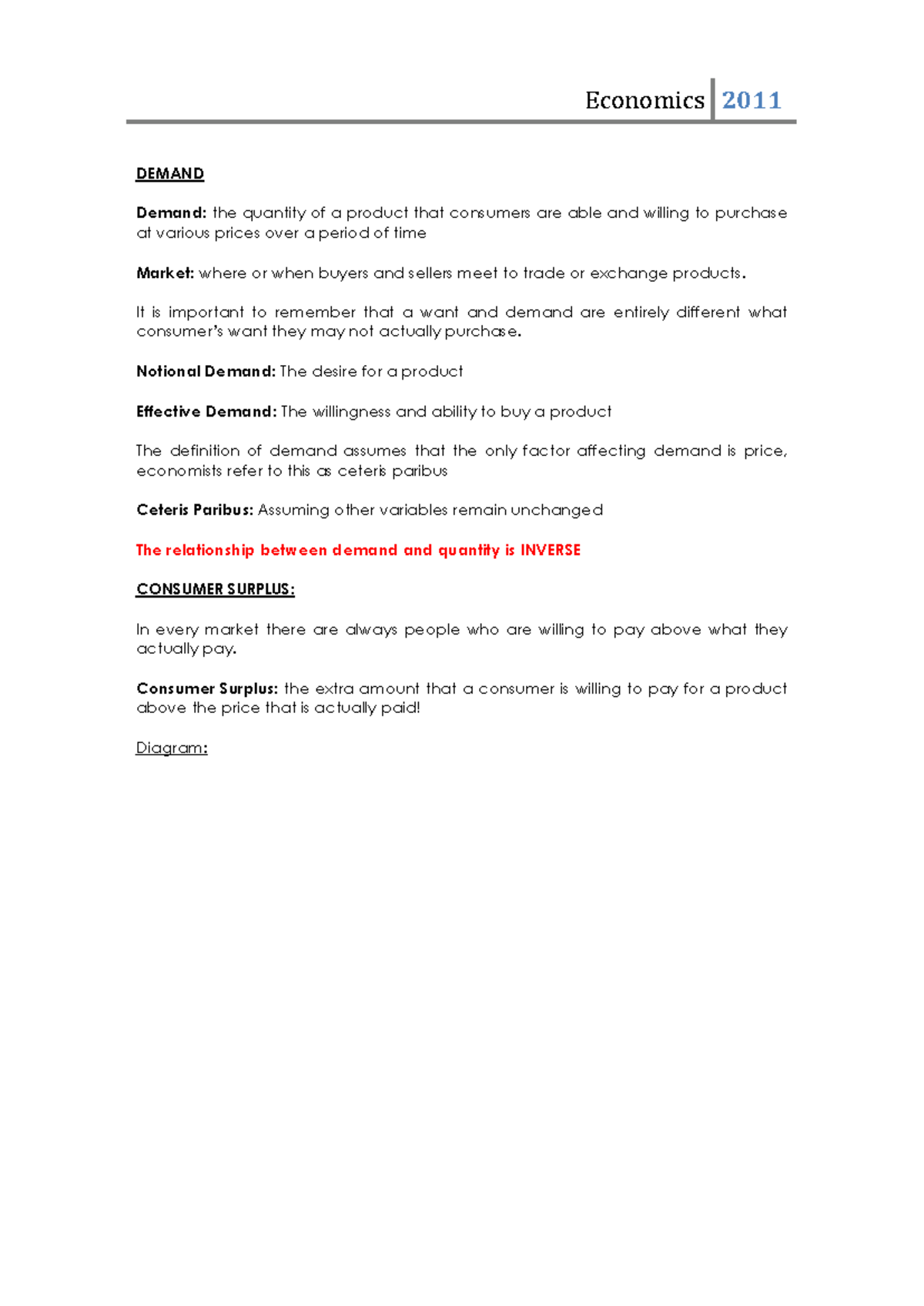 Economics 2011 Demand and Supply Analysis: Key Concepts and Graphs ...