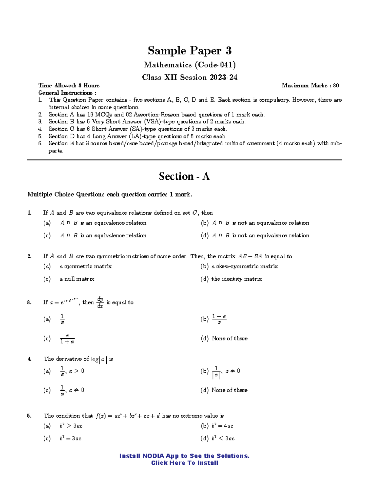 Mathematics Sample Paper 3 (Class 12, CBSE Code-041) - Studocu