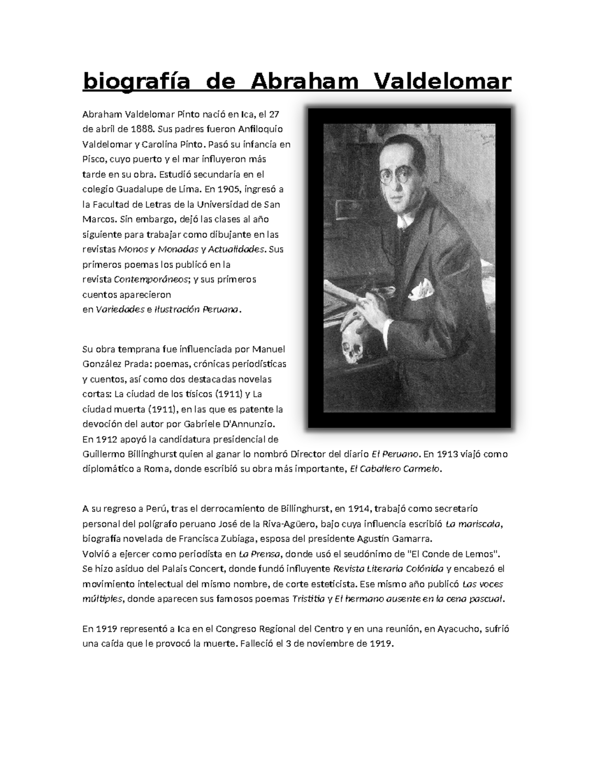 Biografía de Abraham Valdelomar - 248269475 Resumen y Análisis - Studocu