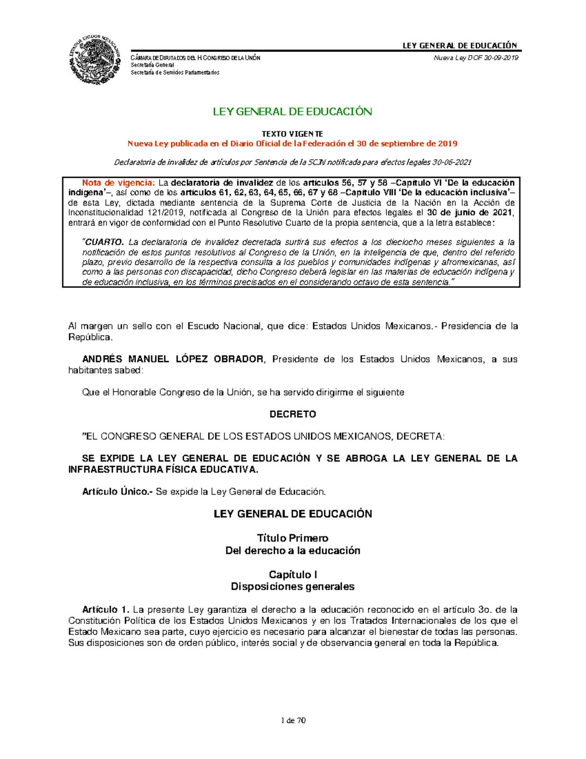 Ley General de Educación - Nueva Ley DOF 2019 y Modificaciones 2021 ...