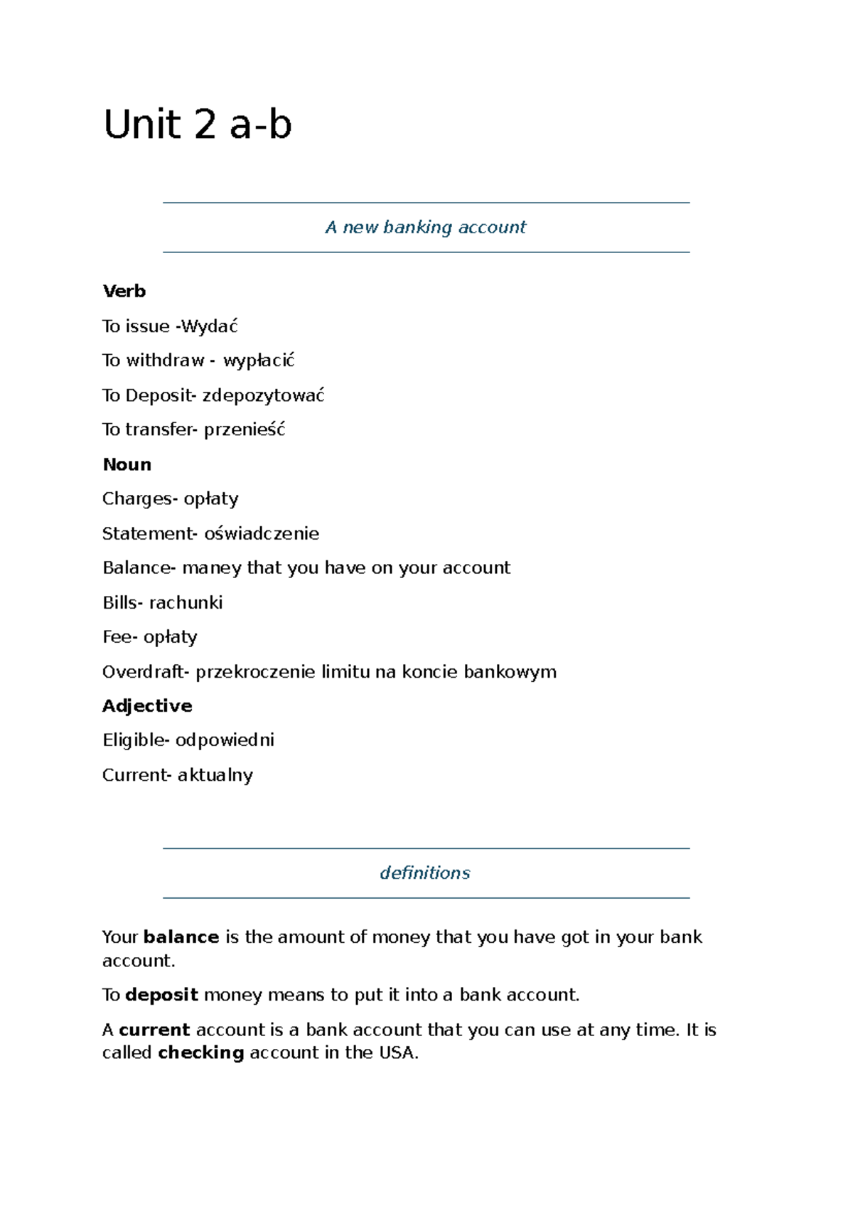 Unit 2: Understanding Banking Terms and Account Management - Studocu