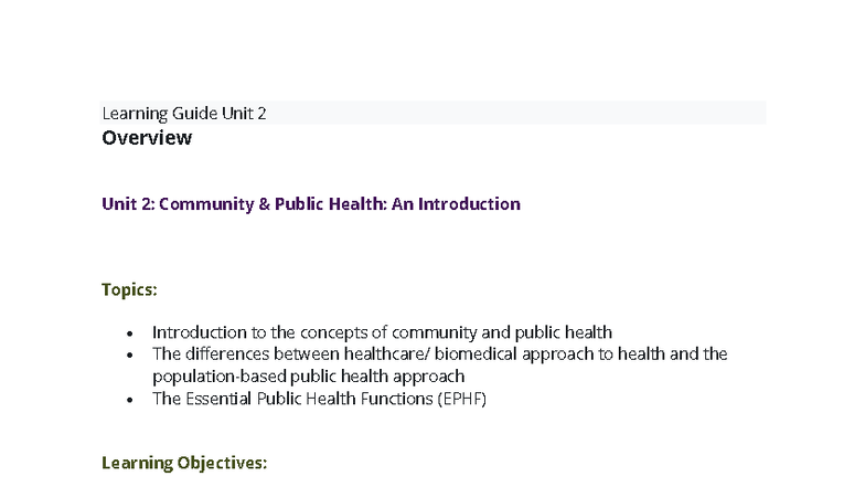 Learning Guide Unit 2: Intro to Community Public Health Concepts - Studocu