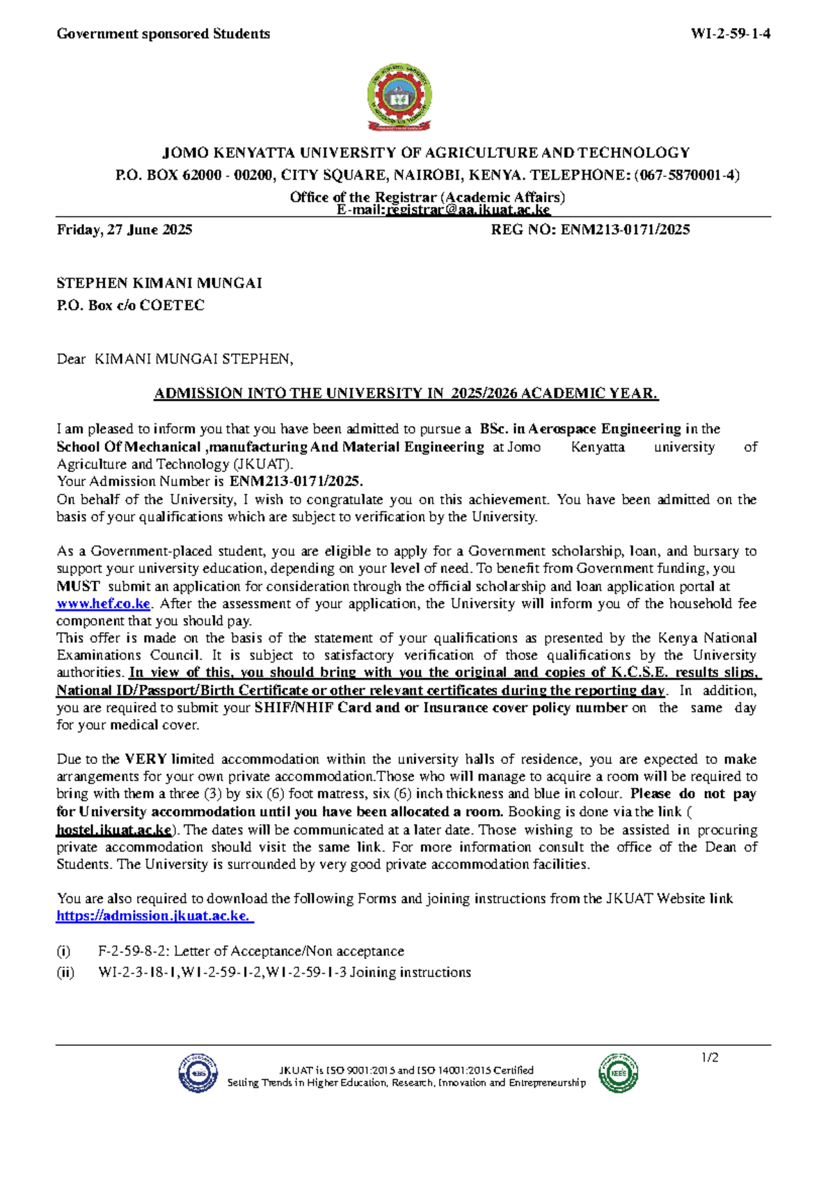Admission Letter for BSc in Aerospace Engineering - JKUAT - Studocu