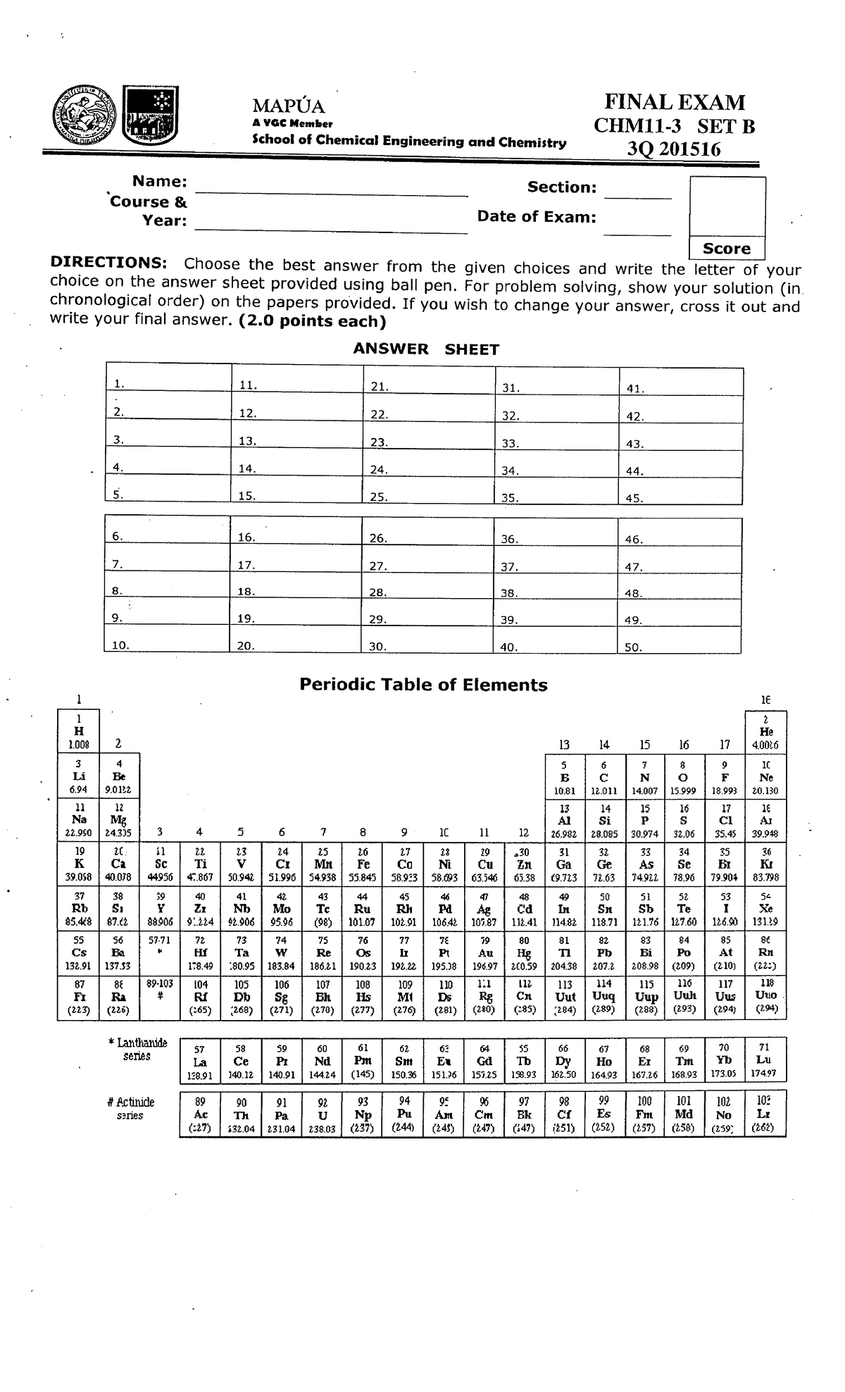 CHM11 FINAL EXAM - CM011L LABORATORY - General Chemistry For Engineers ...